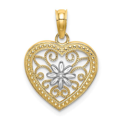 14K Yellow Gold and Rhodium Beaded Heart w/ Flower & Filigree Pendant ...