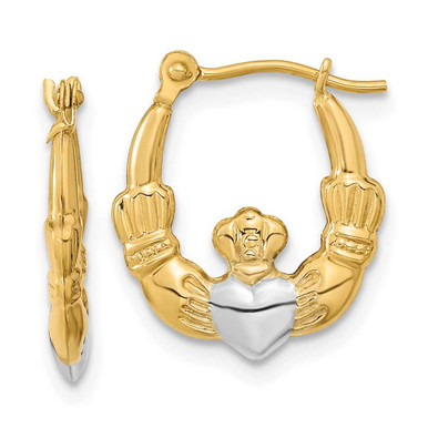 17.49mm 14K Yellow Gold and Rhodium Polished Claddagh Hoop Earrings at ...