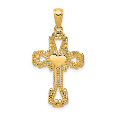 14K Yellow Gold Beaded Cross w/ Heart Pendant at BillyTheTree Jewelry