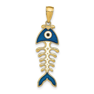 14K Yellow Gold Blue Enamel Fish Bone Pendant at BillyTheTree Jewelry