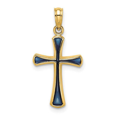 14K Yellow Gold Blue Stained Glass Tapered Cross Pendant at ...