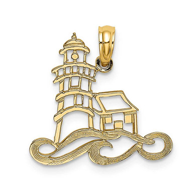 14K Yellow Gold Cut-Out Lighthouse w/ Water Pendant at BillyTheTree Jewelry