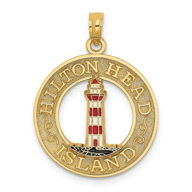 14K Yellow Gold Hilton Head On Round Frame w/ Enamel Lighthouse Pendant ...