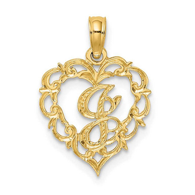 14K Yellow Gold J Script Initial In Heart Pendant at BillyTheTree Jewelry