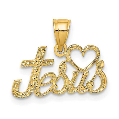 14K Yellow Gold Love Jesus Script Pendant at BillyTheTree Jewelry
