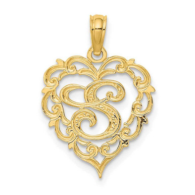 14K Yellow Gold S Script Initial In Heart Pendant at BillyTheTree Jewelry
