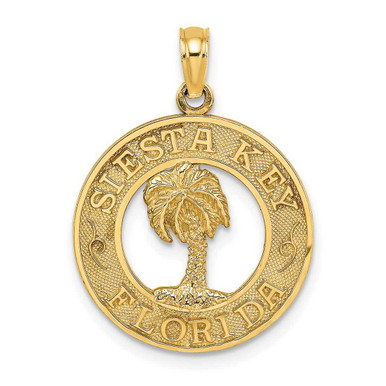 14K Yellow Gold Siesta Key, Fl Round Frame w/ Palm Tree Pendant at ...