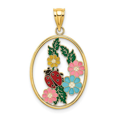 14K Yellow Gold Stained Glass w/ Enamel Oval Ladybug Pendant at ...