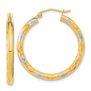 31.86mm 14K Yellow Gold w/ Rhodium Polished, Satin & Shiny-Cut Hoop ...