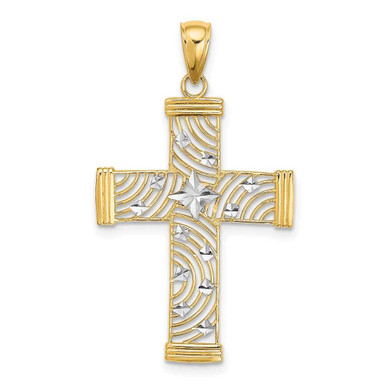 14K Yellow Gold w/ Rhodium-Plated Shiny-Cut & Cut-Out Cross Pendant ...