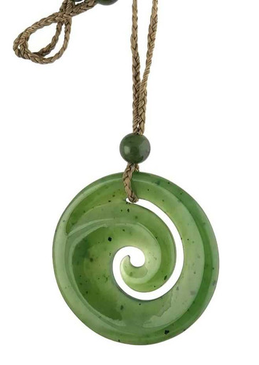 32.5mm Genuine Natural Nephrite Jade Maori-Style Koru Pendant Necklace