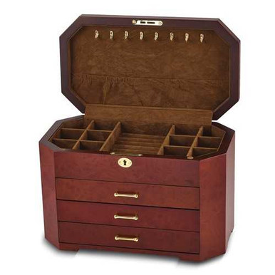 Burlwood Veneer w/ Black Accents 3 Drawer Locking Jewelry Box by Luxury ...