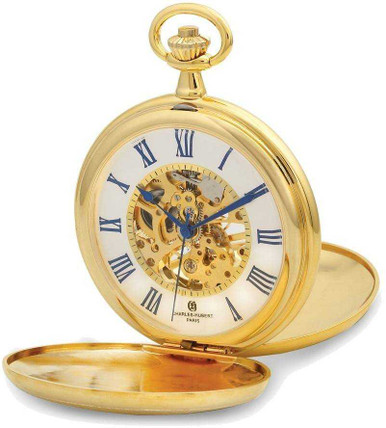 Charles Hubert Gold-Finish Double Cover Striped w/ Shield Pocket Watch ...