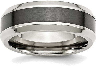 Stainless Steel Base w/Polished Black Ceramic Center Beveled Band Ring ...