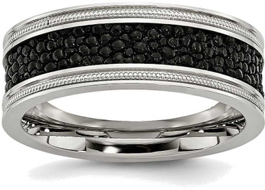 Stainless Steel Polished Black IP-plated/Genuine Stingray Textured Ring ...