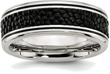 Stainless Steel Polished Grooved/Genuine Stingray Textured 8mm Ring at ...