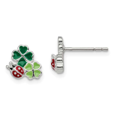 9mm Sterling Silver Enamel Ladybug and Clovers Kids Post Earrings at ...