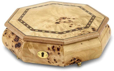 Walnut Burl Veneer w/ Inlay Locking Octagonal Music Jewelry Box Plays ...