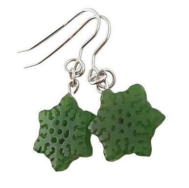 15mm Genuine Nephrite Jade Snowflake Earrings on Sterling Silver Hooks