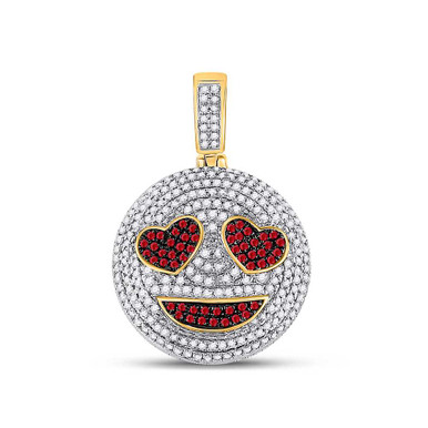10kt Yellow Gold Mens Round Ruby Emoji Smiley Heart Charm Pendant 1-1/3 ...