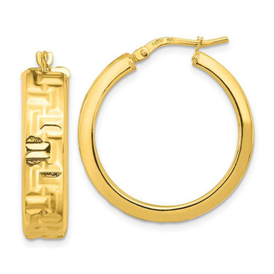 27mm 14K Yellow Gold Polished Textured Aztec Pattern Hoop Earrings at ...