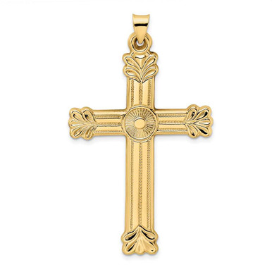 14K Yellow Gold Polished and Textured Solid Circle Center Cross Pendant ...