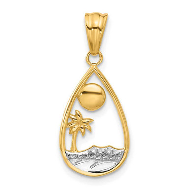 14K Yellow Gold with White Rhodium Diamond-cut Ocean Scene Teardrop ...