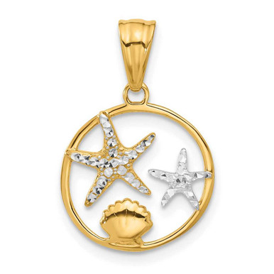 14K Yellow Gold with White Rhodium Diamond-cut Starfish Seashell in ...