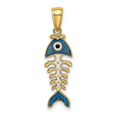 14K Yellow Gold 3D Blue Enamel Fish Bone Pendant at BillyTheTree Jewelry