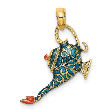 14K Yellow Gold w/ Enamel 3-D Textured Blue Genie Lamp Pendant at ...