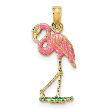 10K Yellow Gold 3-D Pink Enamel Flamingo Pendant at BillyTheTree Jewelry