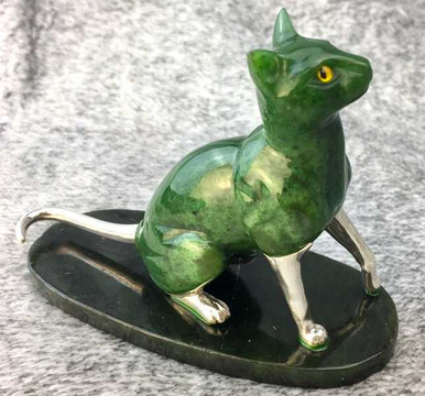 4.25" Genuine Canadian Nephrite Jade & Silver-tone Cat Statue
