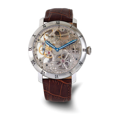 Charles-Hubert 44mm Mens Brown Leather Stainless Steel Bezel Mechanical ...
