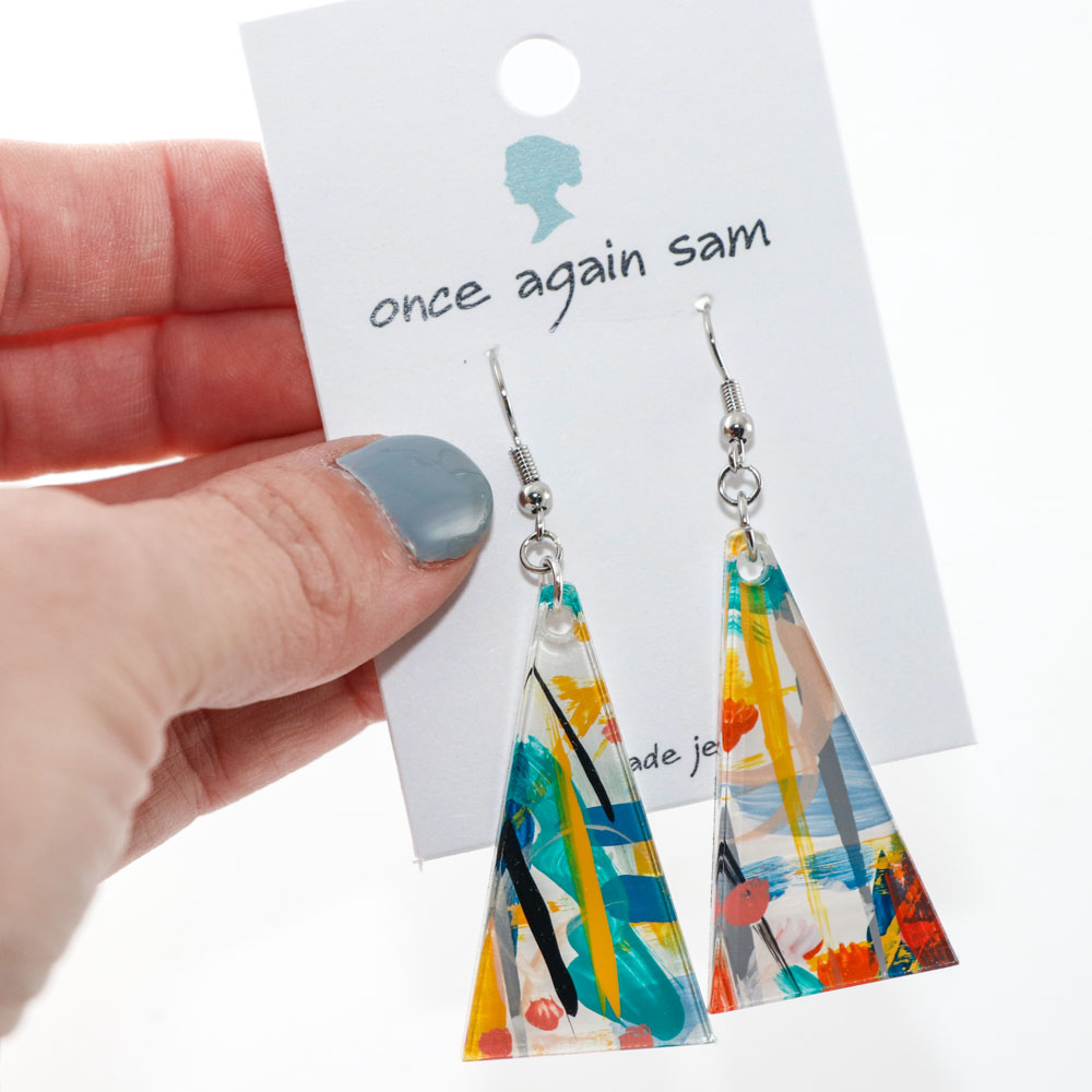 Abstract Painted Acrylic Dangle Earrings - Triangle (Carnival Colorway ...