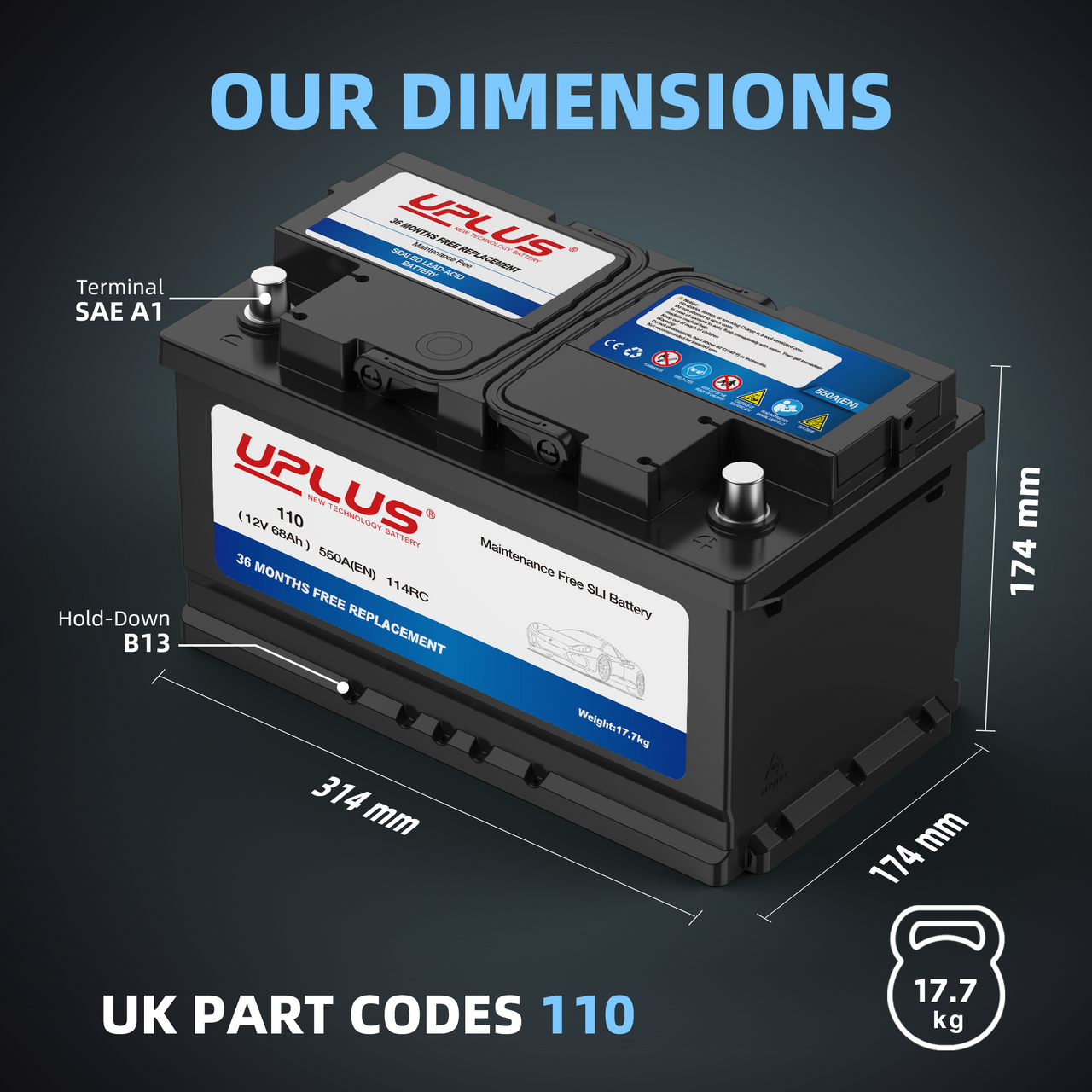 12V UPLUS 110 Car Battery, 68Ah, 550A, Maintenance-Free, Perfect for ...