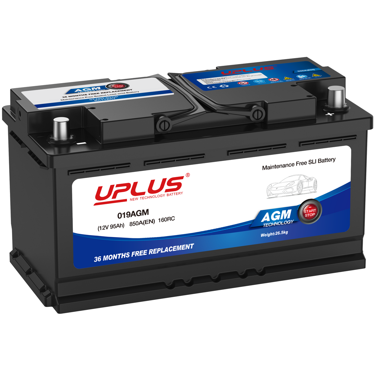 UPLUS 019 AGM 12V 95Ah Car Battery – 850A CCA & Start-Stop Technology