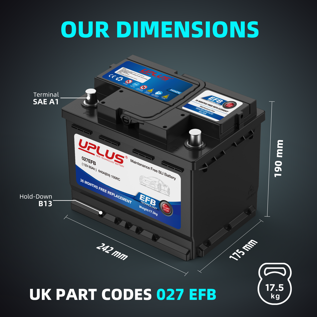 UPLUS 027 EFB Battery, 12V 60Ah, 640A(EN) for Start-Stop Vehicles