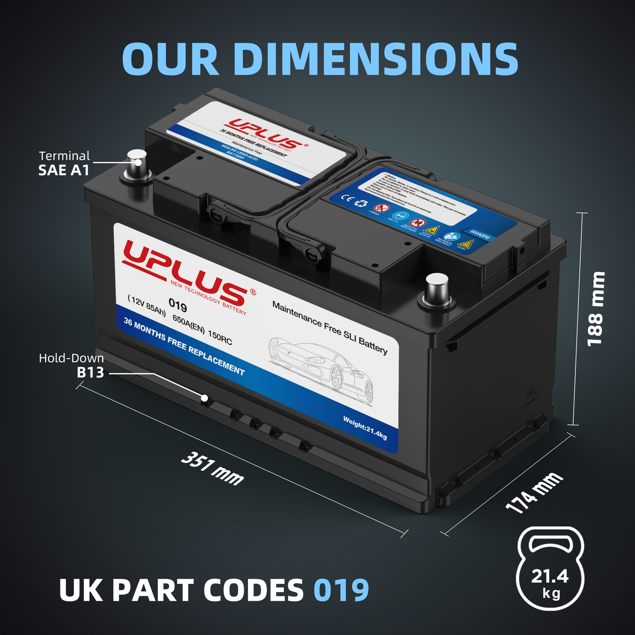 UPLUS 019 Car Battery 12V 85Ah, 650A 150RC, Maintenance-Free with Safe ...