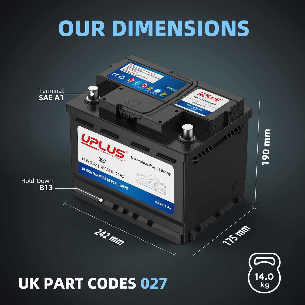 UPLUS 027 Car Battery, 12V 50Ah Maintenance-Free Battery, 450A 79RC for ...