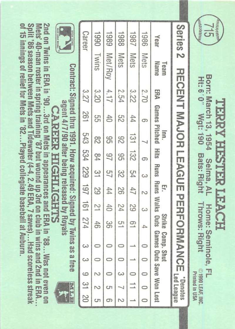 1991 Donruss #715 Terry Leach VG Minnesota Twins - Under the Radar Sports