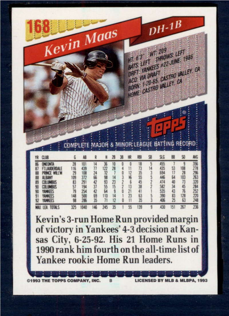 1993 Topps #168 Kevin Maas VG New York Yankees - Under the Radar Sports