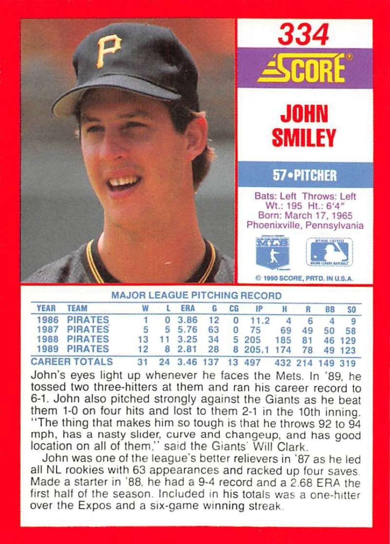 1990 Score #334 John Smiley VG Pittsburgh Pirates - Under the Radar Sports