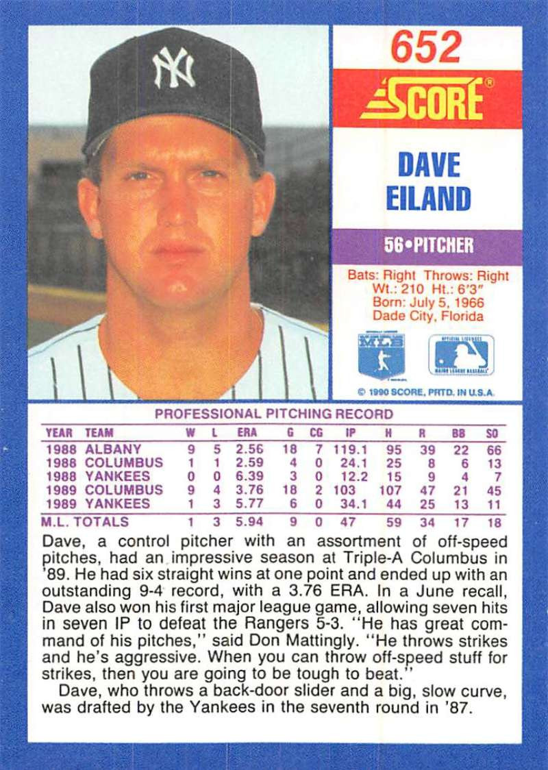 1990 Score #652 Dave Eiland VG New York Yankees - Under the Radar Sports
