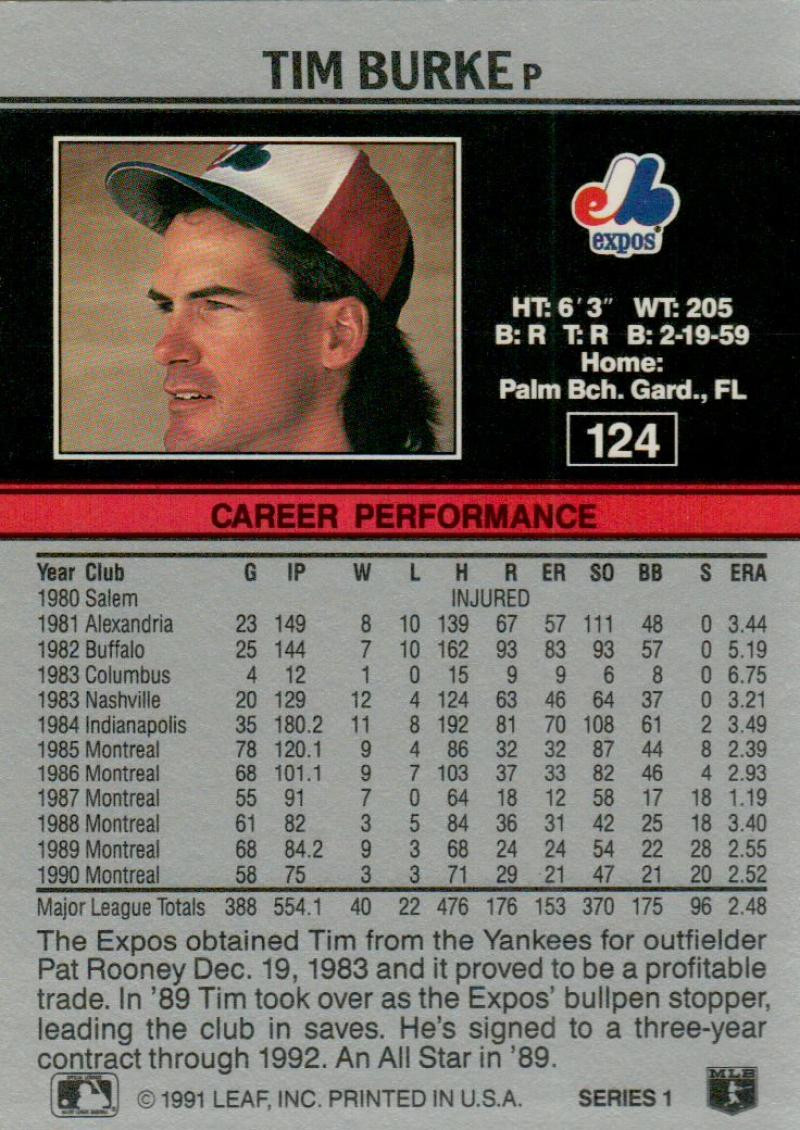 1991 Leaf #124 Tim Burke VG Montreal Expos - Under the Radar Sports