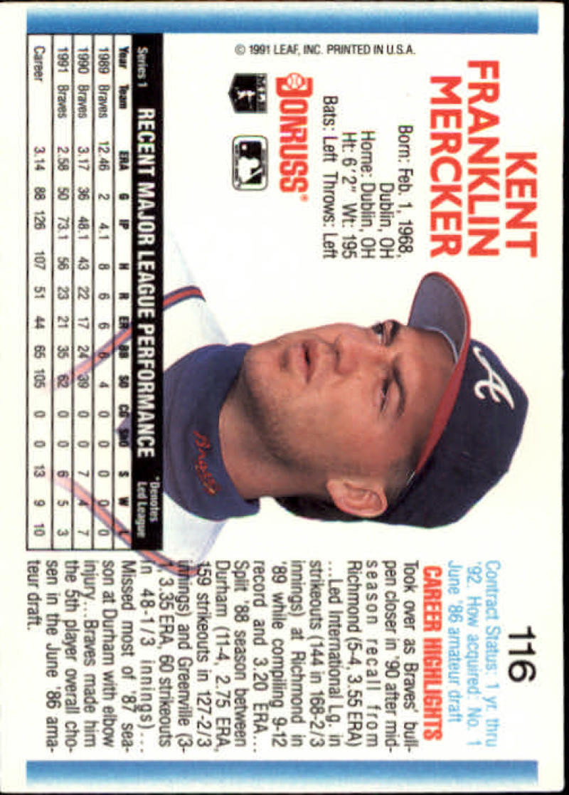 1992 Donruss #116 Kent Mercker VG Atlanta Braves - Under the Radar Sports