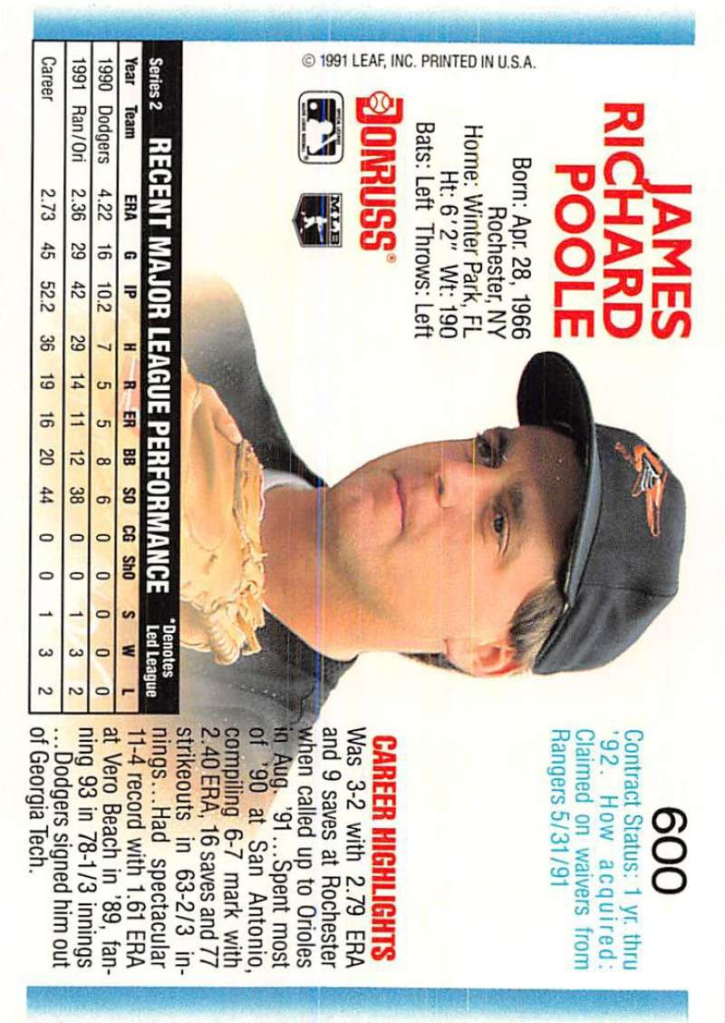 1992 Donruss #600 Jim Poole VG Baltimore Orioles - Under the Radar Sports