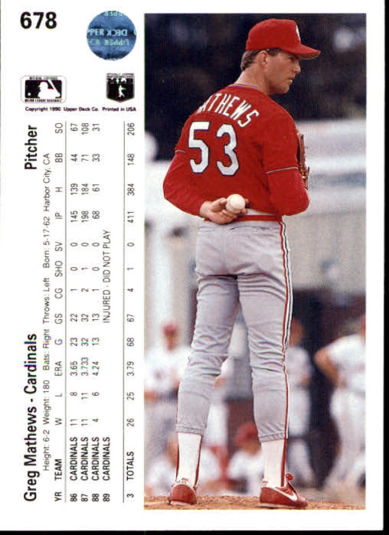 1990 Upper Deck #678 Greg Mathews VG St. Louis Cardinals - Under the Radar Sports