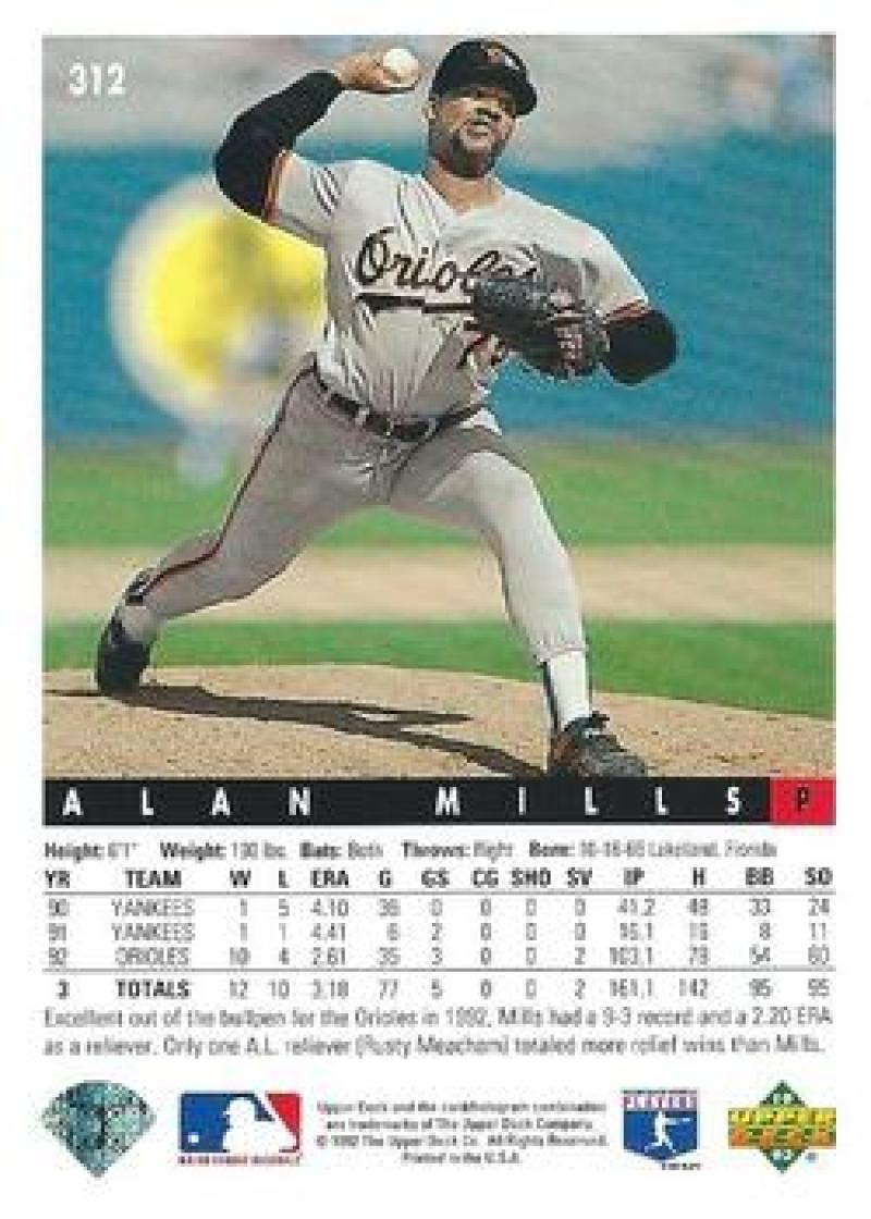 1993 Upper Deck #312 Alan Mills VG Baltimore Orioles - Under the Radar ...