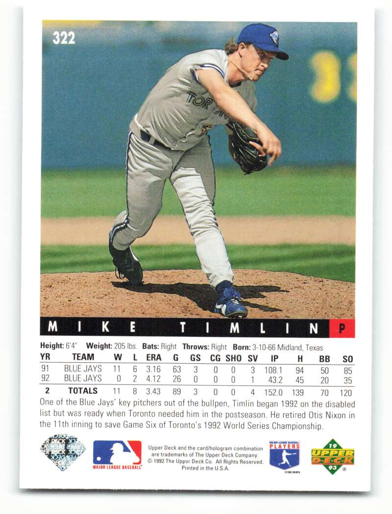 1993 Upper Deck #322 Mike Timlin VG Toronto Blue Jays - Under the Radar ...