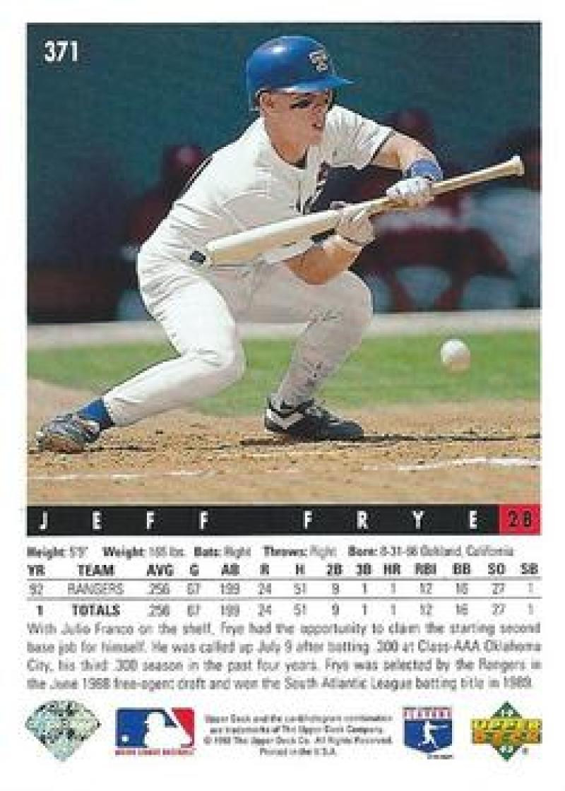 1993 Upper Deck #371 Jeff Frye VG Texas Rangers - Under the Radar Sports